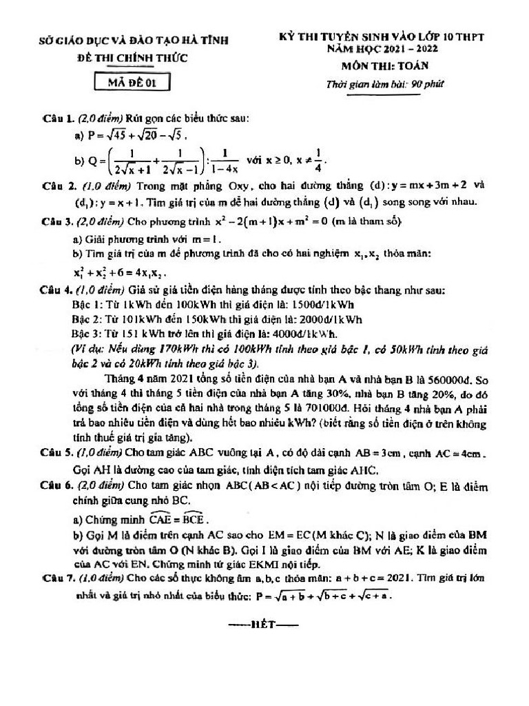 De Tuyen Sinh Vao Lop 10 Mon Toan Nam 2021 2022 So GDDT Ha Tinh | PDF