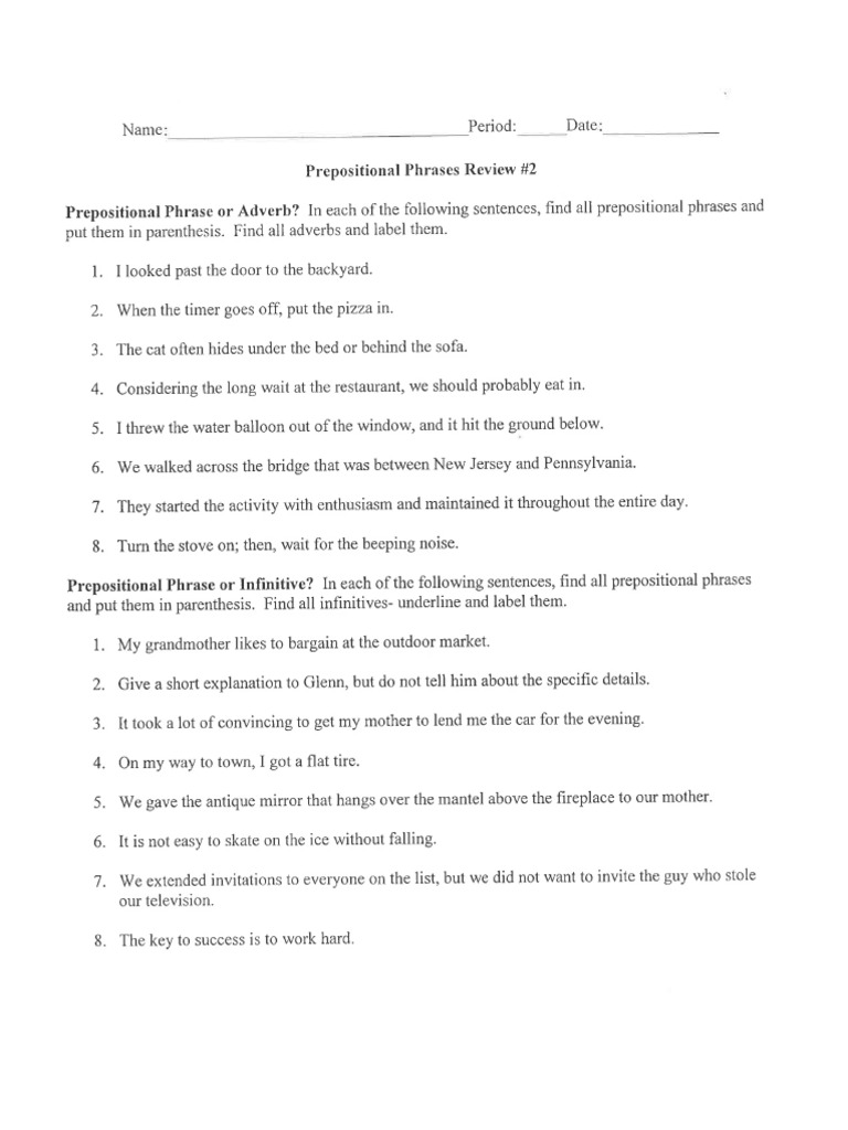 Prep or Adverb Worksheet 8th Grade | PDF