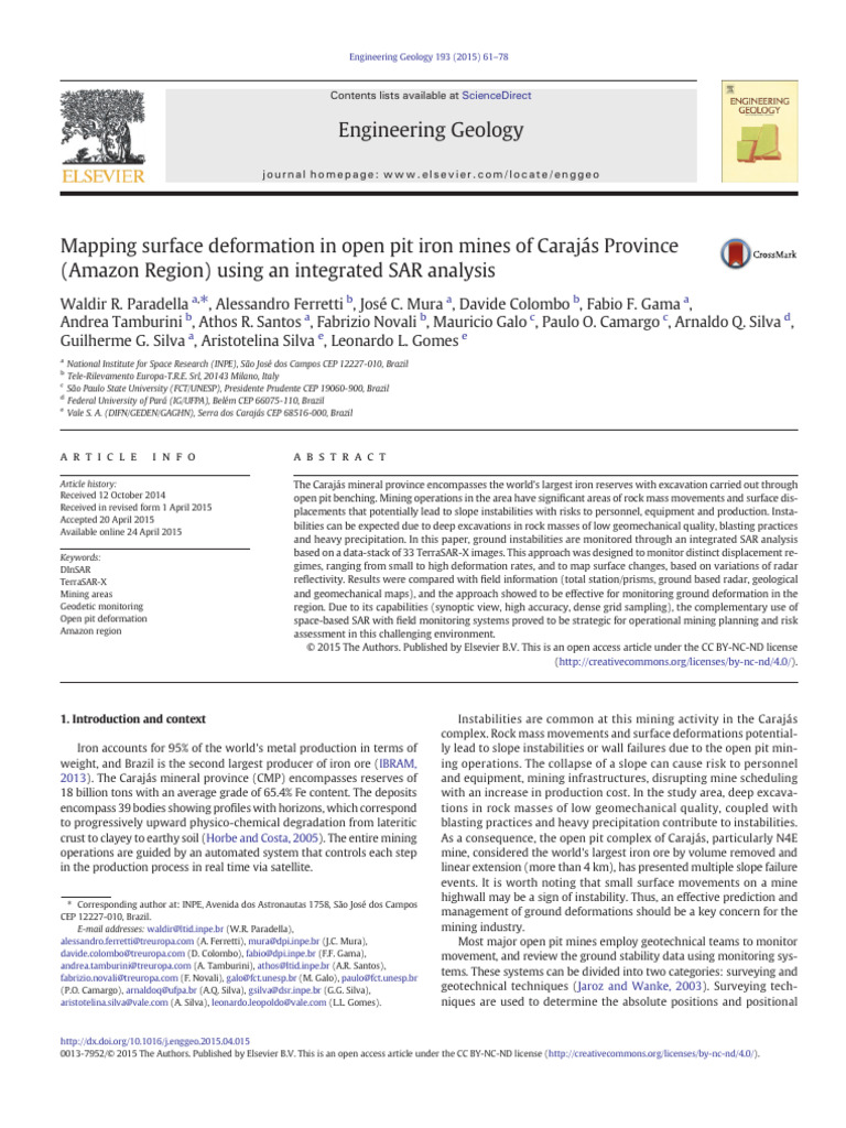 Mapping Surface Deformation in Open Pit Iron Mines of Carajás Province ...