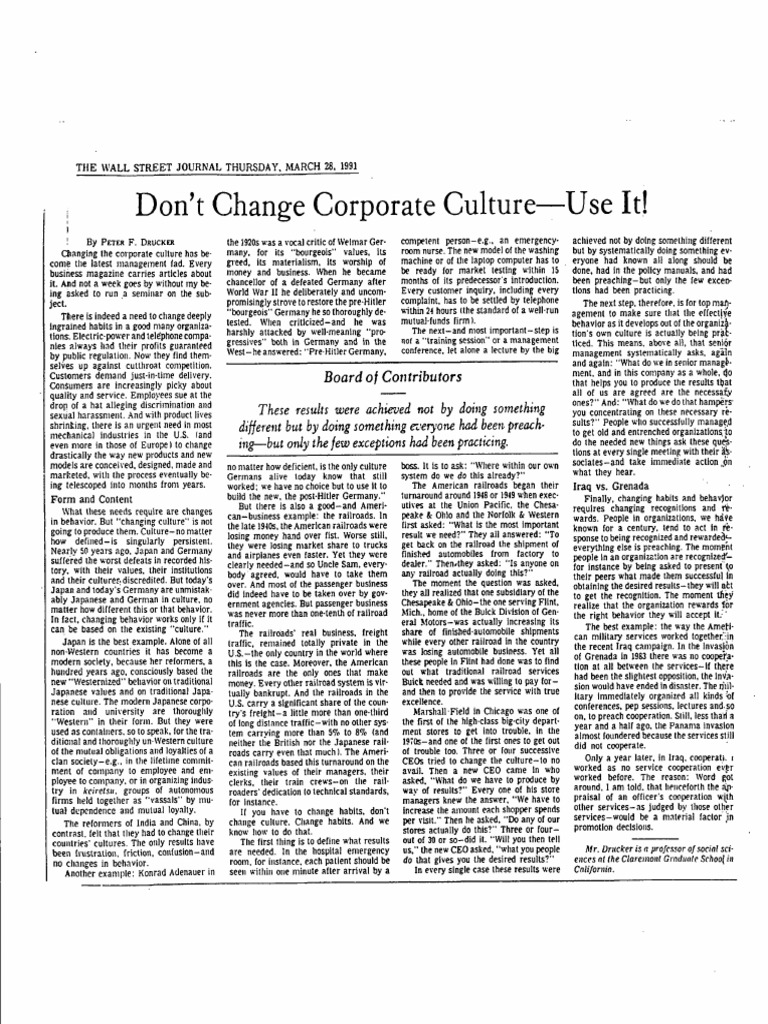 Drucker 1991 Dont Change Corporate Culture Use It | PDF | Business ...