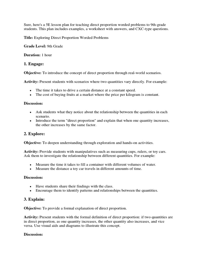 5e Lesson Plan Direct Variation Lesson 16 | PDF | Quantity | Cognition