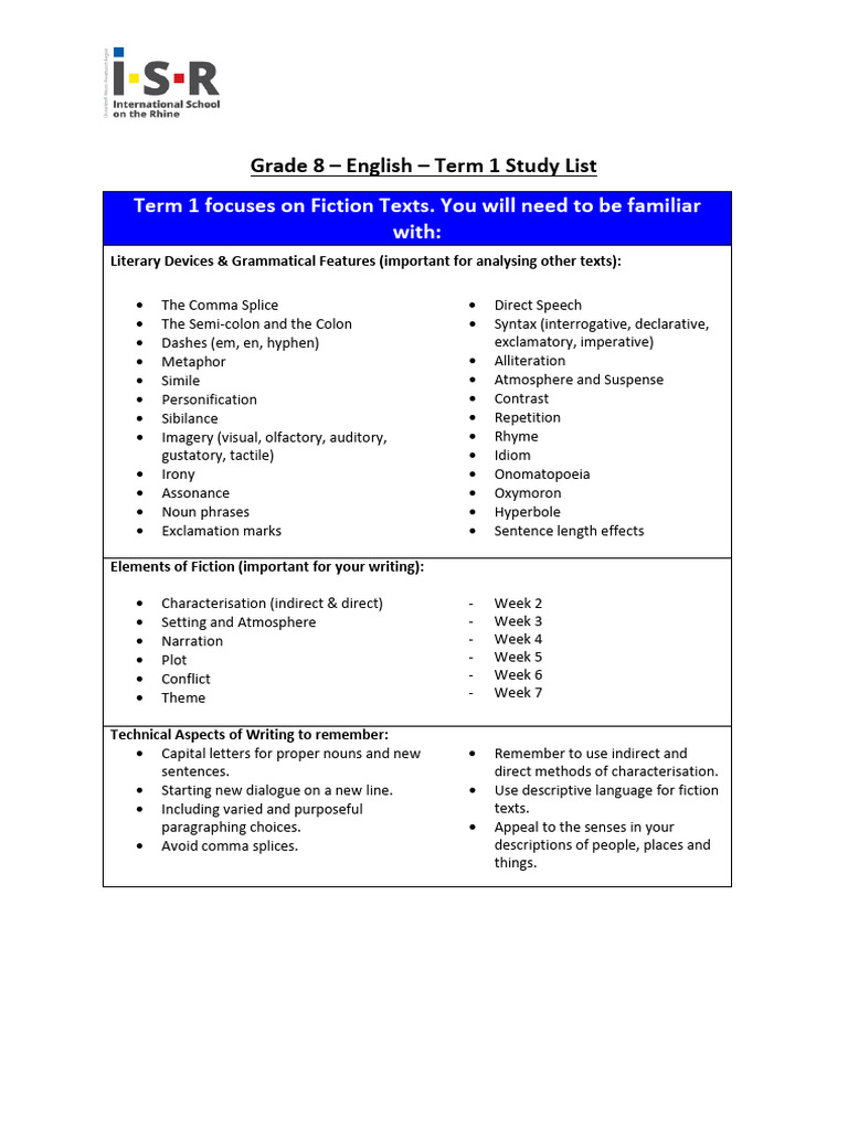 Grade 8 English Fiction Study Guide | PDF | General Fiction