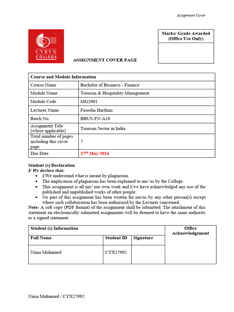 Tourism Assignment Coverpage | PDF | Tourism | Infrastructure