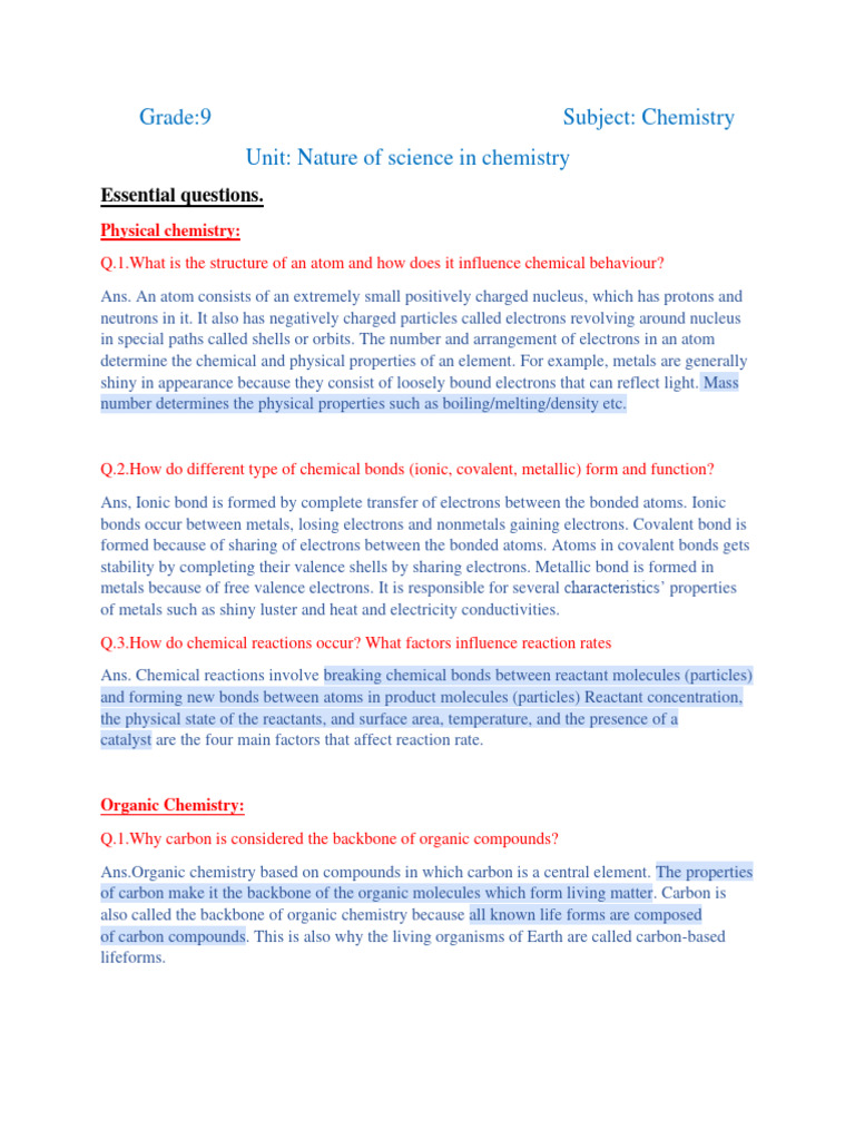 Unit 1 Nature of Science in Chemistry (Essential Questions) | PDF ...
