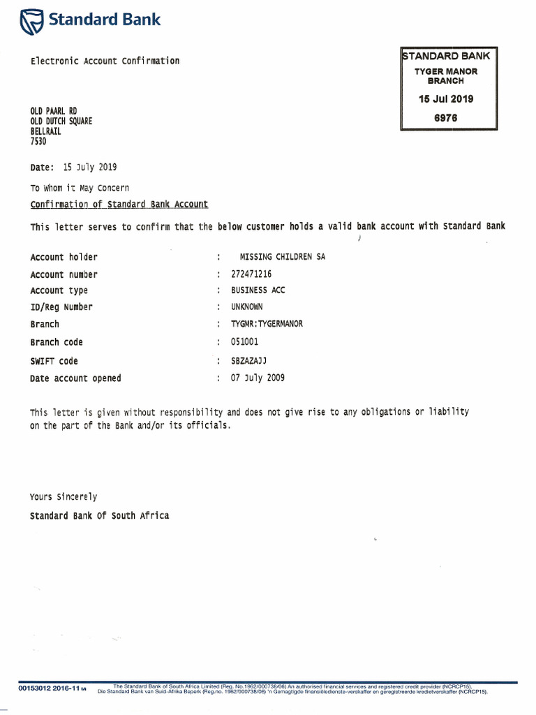 MCSA - Standard Bank Account Confirmation Letter | PDF