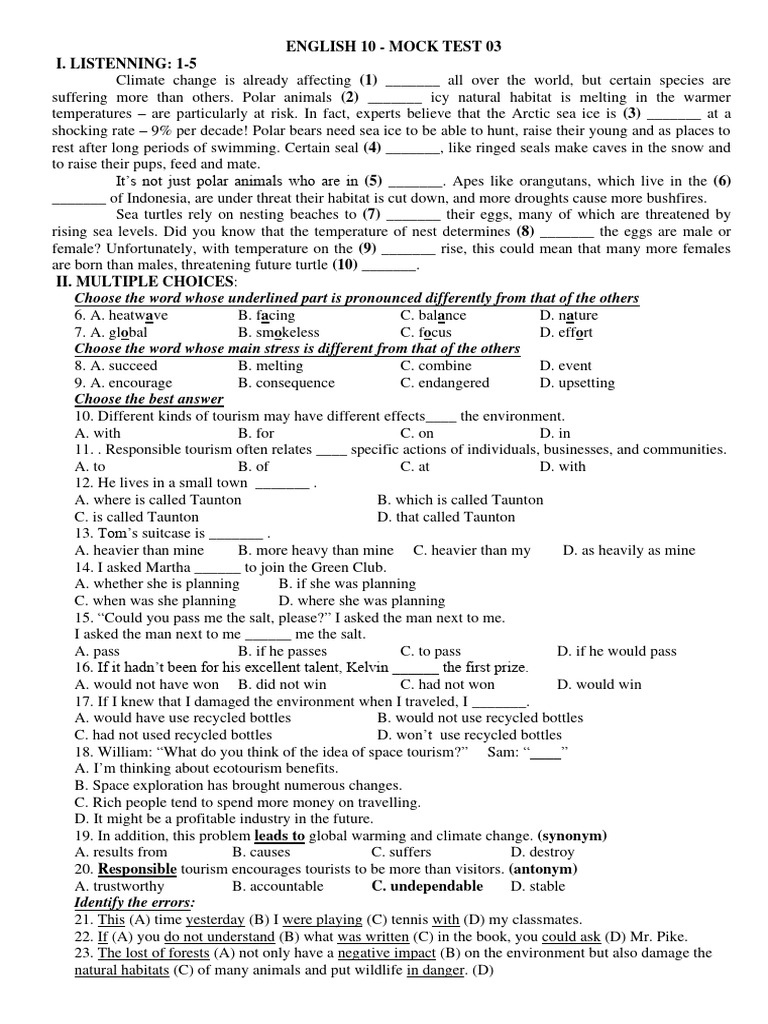 A3-MOCK TEST - Khoi 10 - Hs | PDF | Polar Bear | Recycling