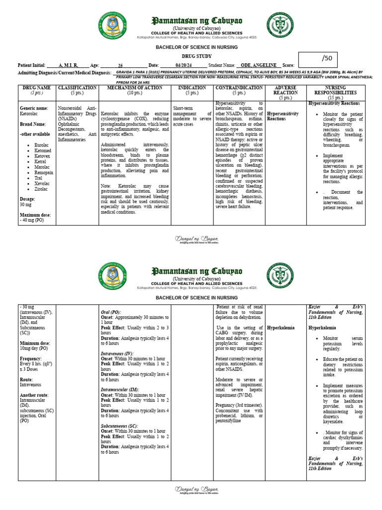 Ode Angeline Drug-Study Unihealth Midterm Rle NCM110 | PDF | Pain ...