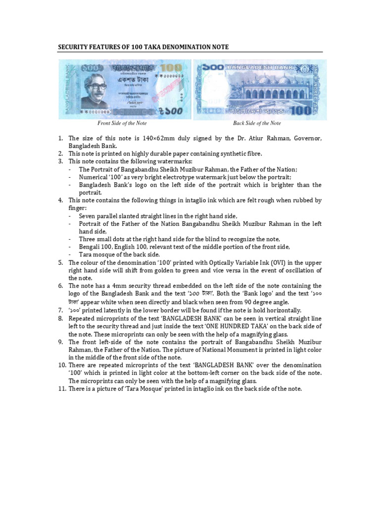 Security Features of 100 Taka Note English | PDF | Home & Garden