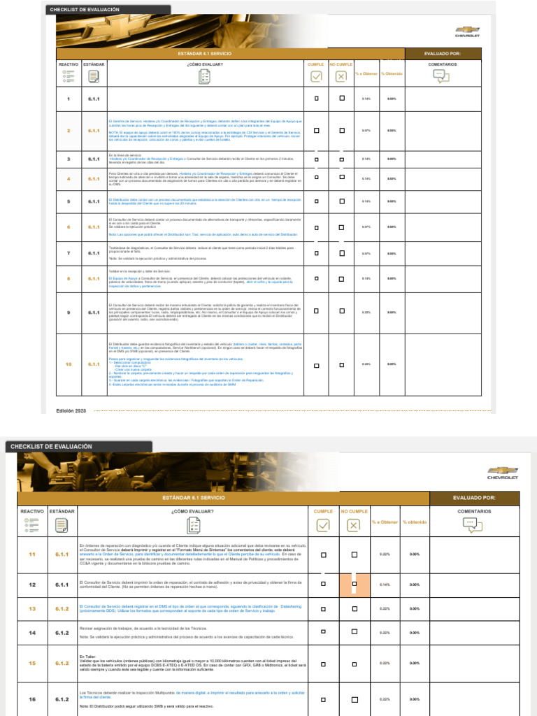 Checklist de Evaluación Chevrolet Estándar 6 1 - 6 2 - 6 3 - 6 4 Posventa 2023 | PDF ...