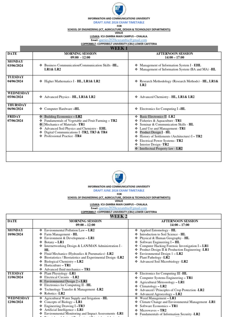 ICU June 2024 Engineering Exam Schedule | PDF | Engineering | Agriculture