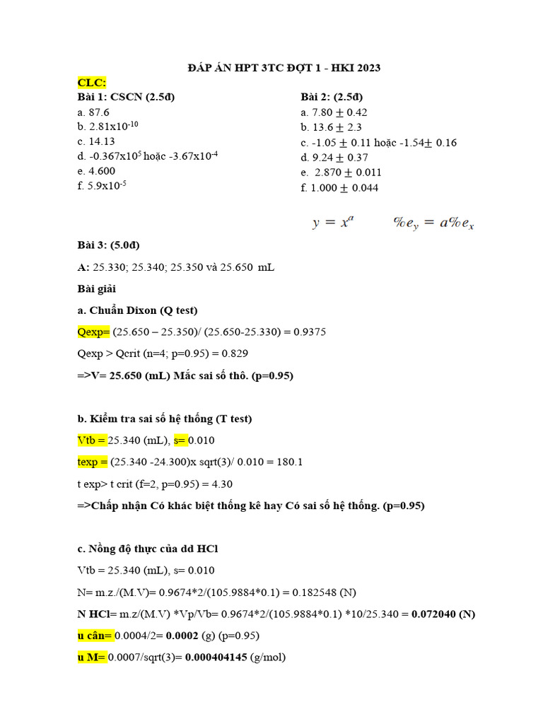 CLC - Đáp Án HPT 3TC Đ T 1 Hki 2023 | PDF
