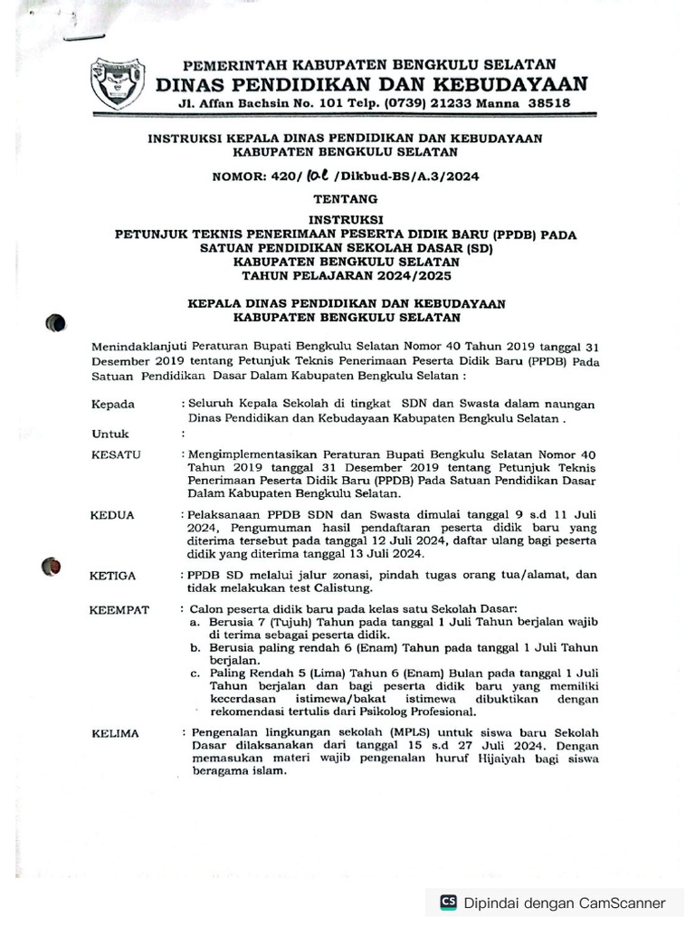 SK PPDB SD Tahun 2024-2025 | PDF