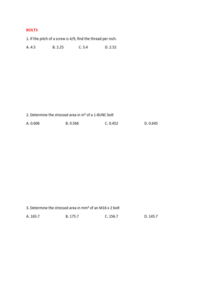 Bolts, Power Screws & Springs Problems | PDF | Screw | Mechanical ...