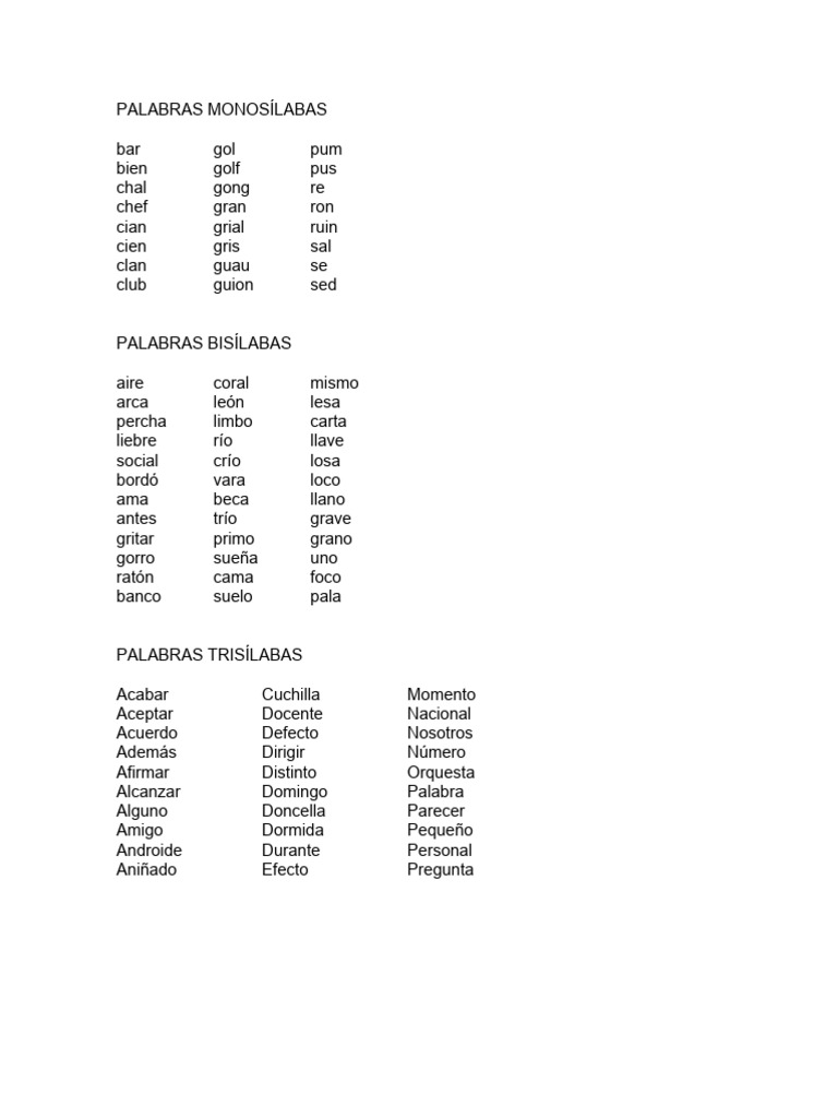 PALABRAS MONOSÍLABAS y Otras | PDF