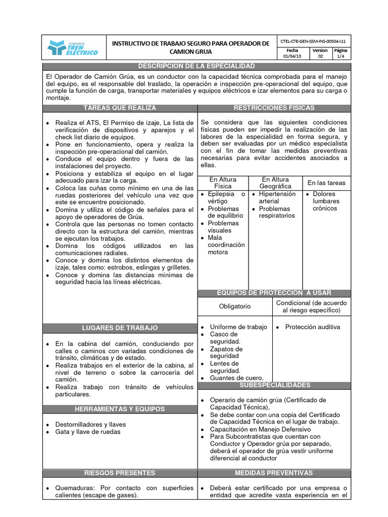 CTEL-CTE-GEN-SSM-INS-00504 I11 Operador Camión Grua - Rev02 | PDF | Camión | Grúa (máquina)