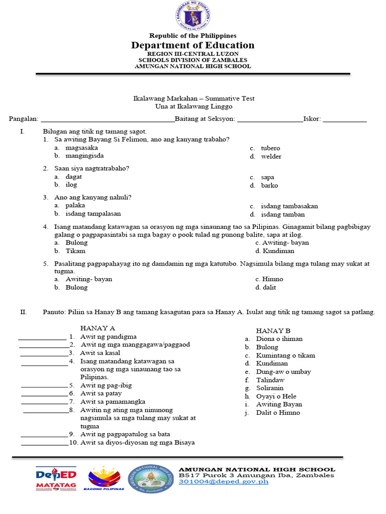 Filipino G7 Summative Test Q2 Weeks 1&2 | PDF