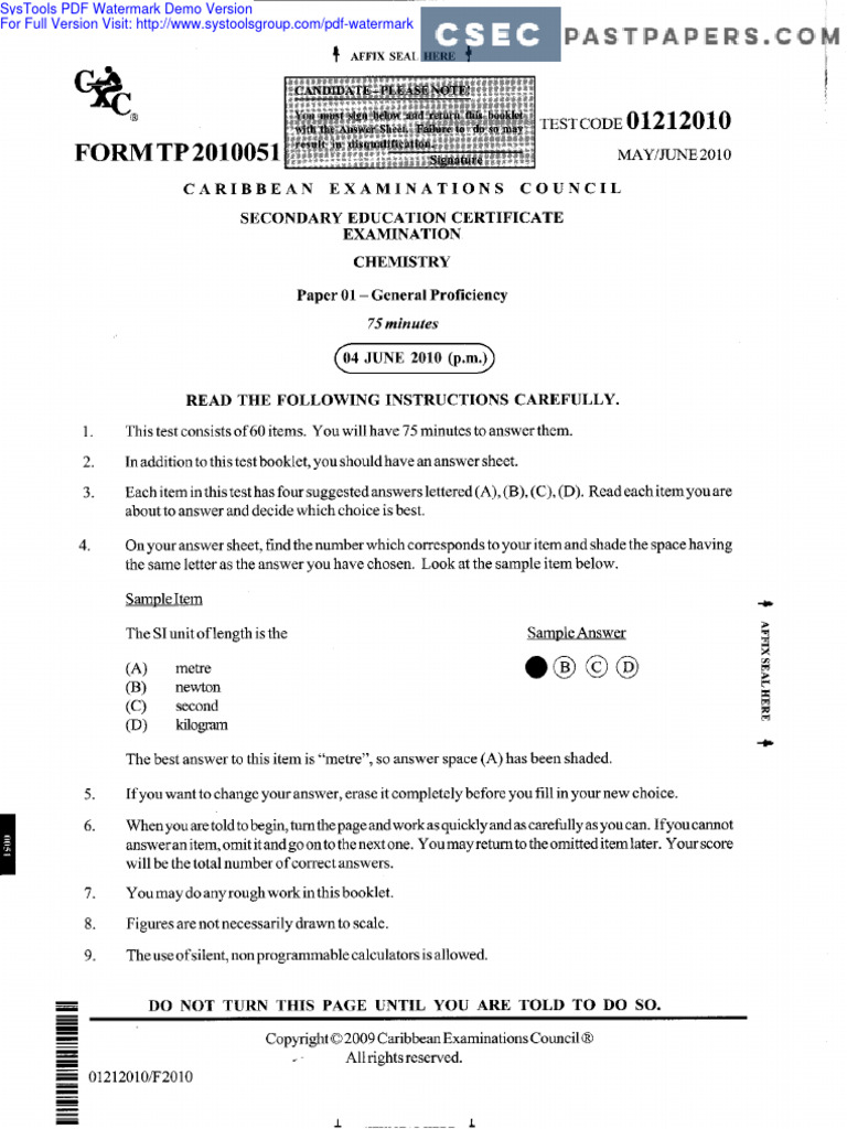 CSEC Chemistry June 2010 P1 With Answers | PDF