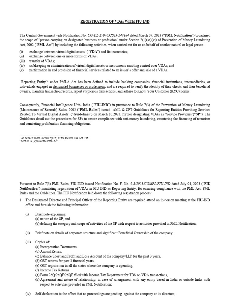 REGISTRATION OF VDASPs WITH FIU-IND | PDF