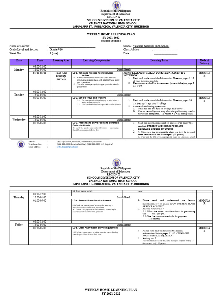 Weekly Home Learning Plan for TLE 9/10 | PDF | Learning