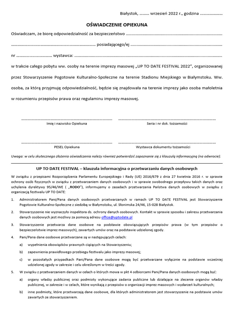 Oswiadczenie Opiekuna UTDF 2022 | PDF