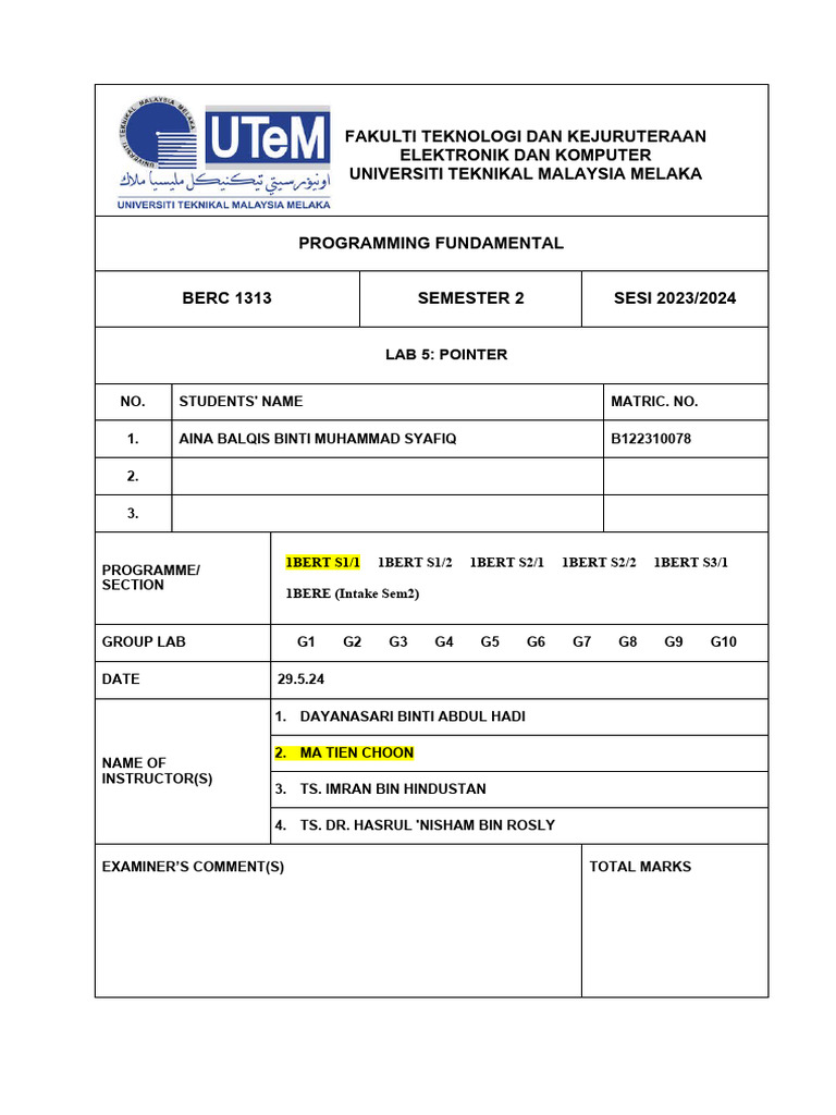 Berc 1313 Lab 5 Pointer 2022 2023 Sem2 Pdf Pointer Computer Programming Data Type 