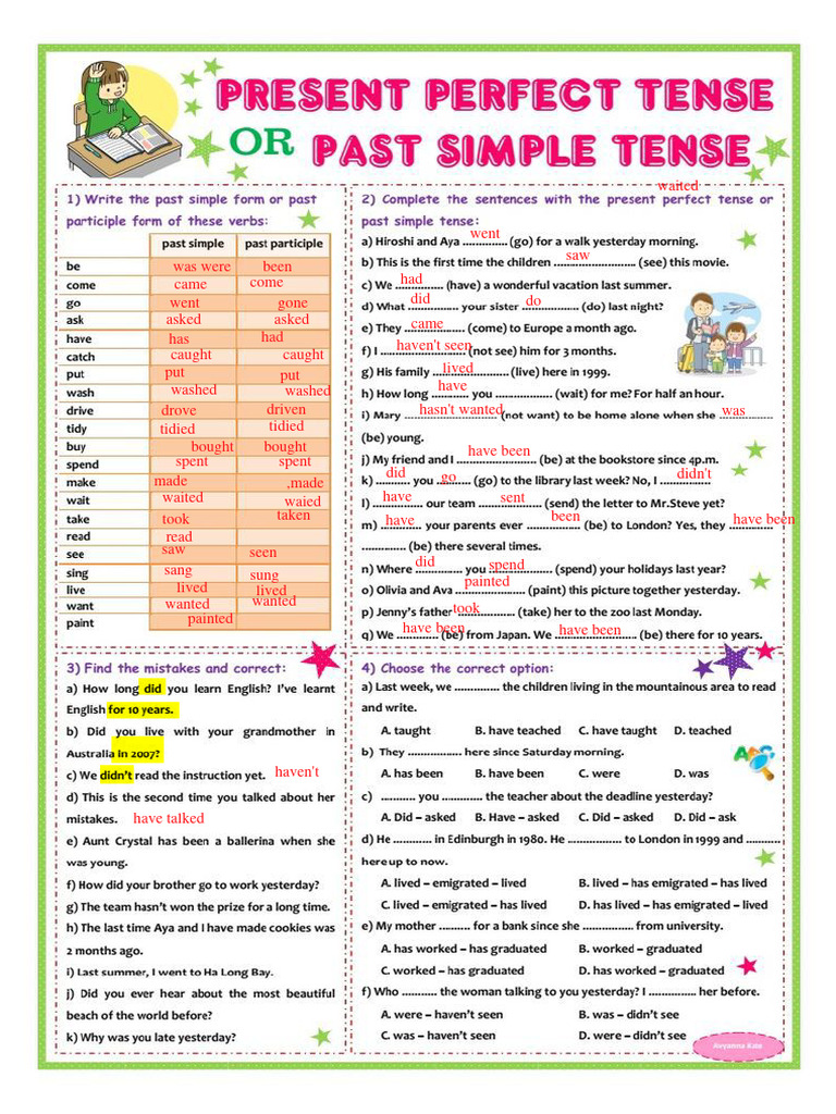 Present Perfect Tense VS Past Simple Tense Worksheet 1 | PDF