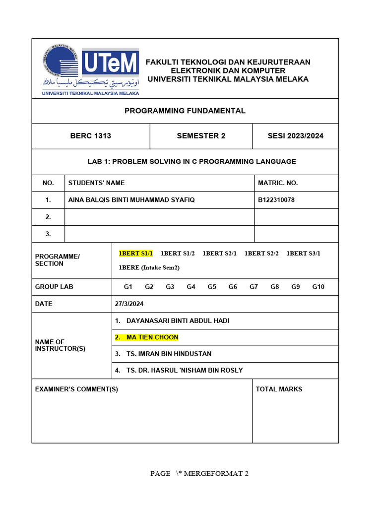 BERC 1313 Lab 1 PROBLEM SOLVING IN C 2023 - 2024 - Sem2 | PDF | Body ... BERC 1313 Lab 1 PROBLEM SOLVING IN C 2023 - 2024 - Sem2 | PDF | Body ...