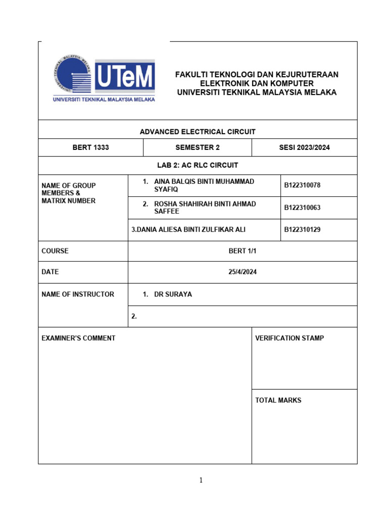 BERT 1333 - LAB2 Sem2 2023 - 24 | PDF | Electrical Impedance | Electrical Network
