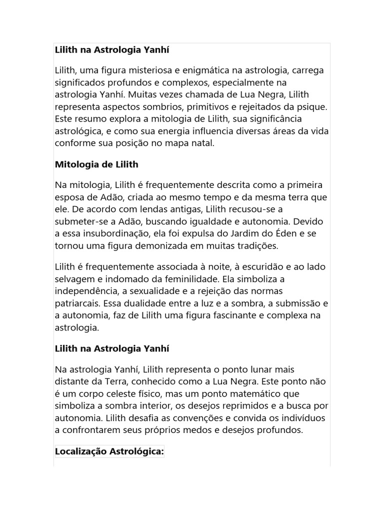 Lilith na Astrologia Yanhí: Significados e Influências | PDF ...