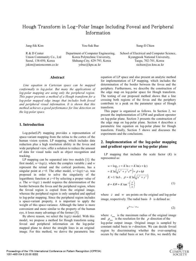 Hough Transform in Log-Polar Image Including Foveal and Peripheral Information | PDF | Equations ...