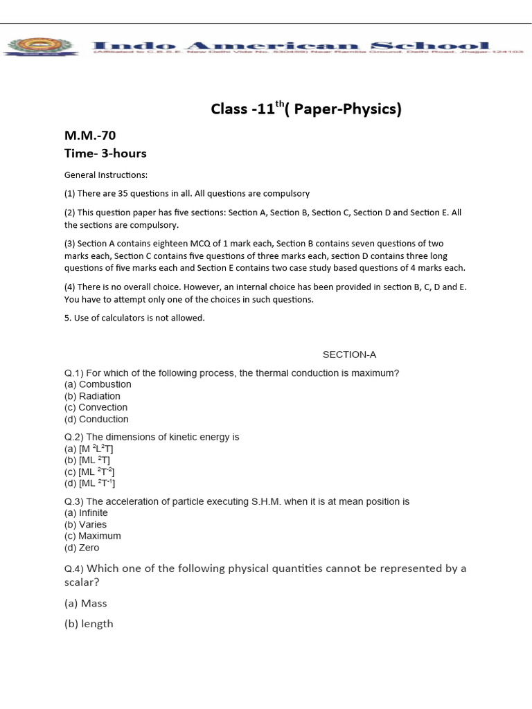 Class 11 Physics Question Paper | PDF | Force | Inertia
