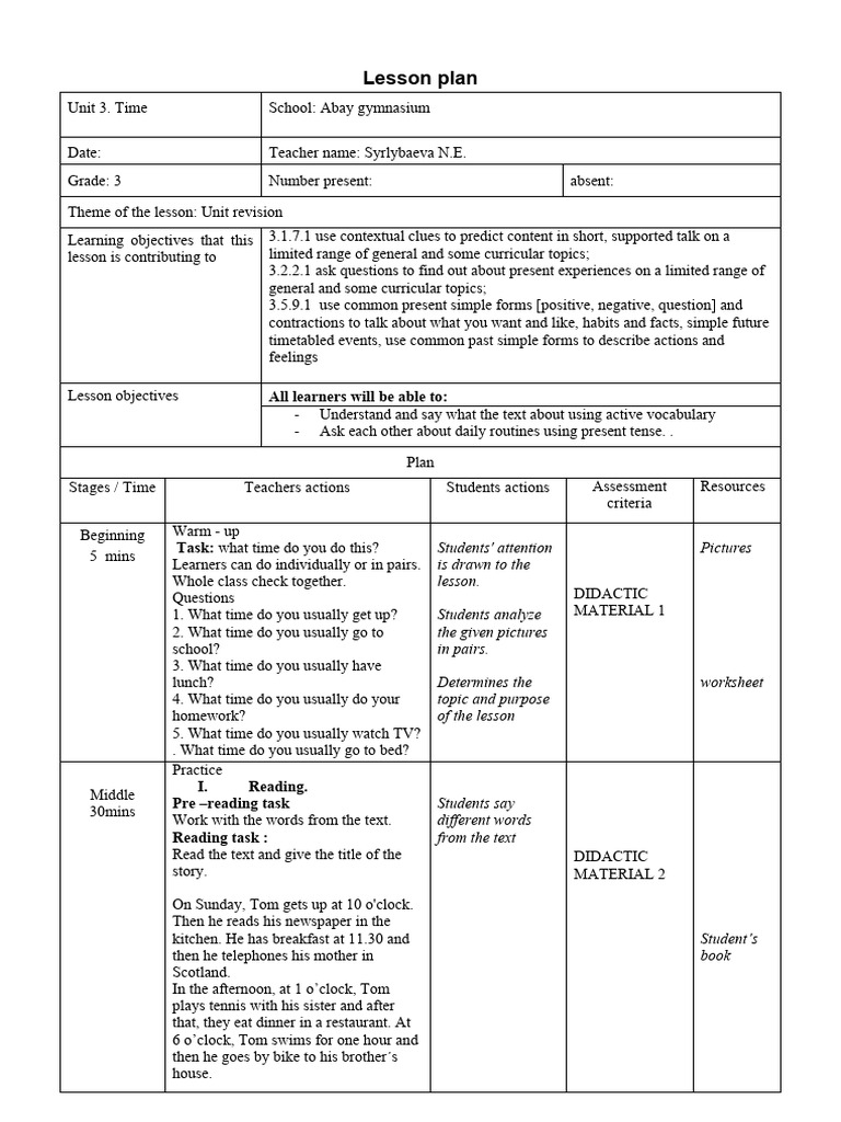 Unit Revision 3. "Time" | PDF | Lesson Plan | Cognitive Psychology