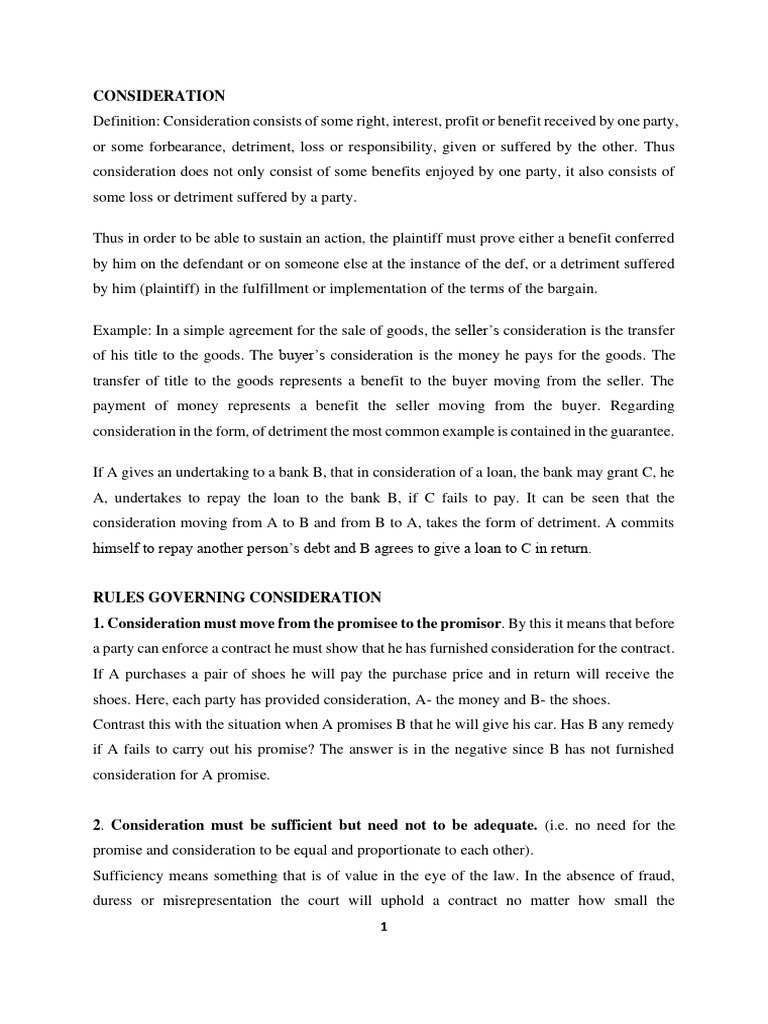 Formation of Contract - Consideration | PDF | Consideration | Loans