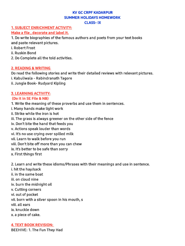 English Holiday Homework | PDF