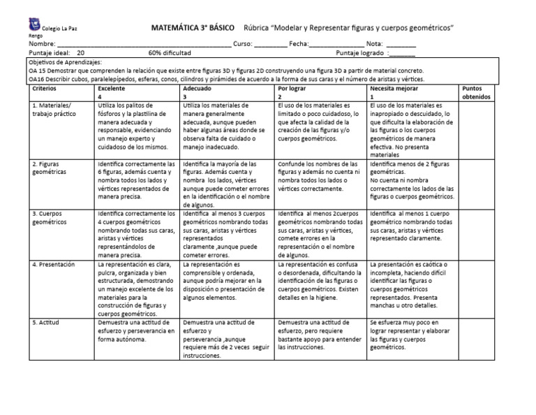 Rúbrica para Figuras Geométricas 3° Básico | PDF