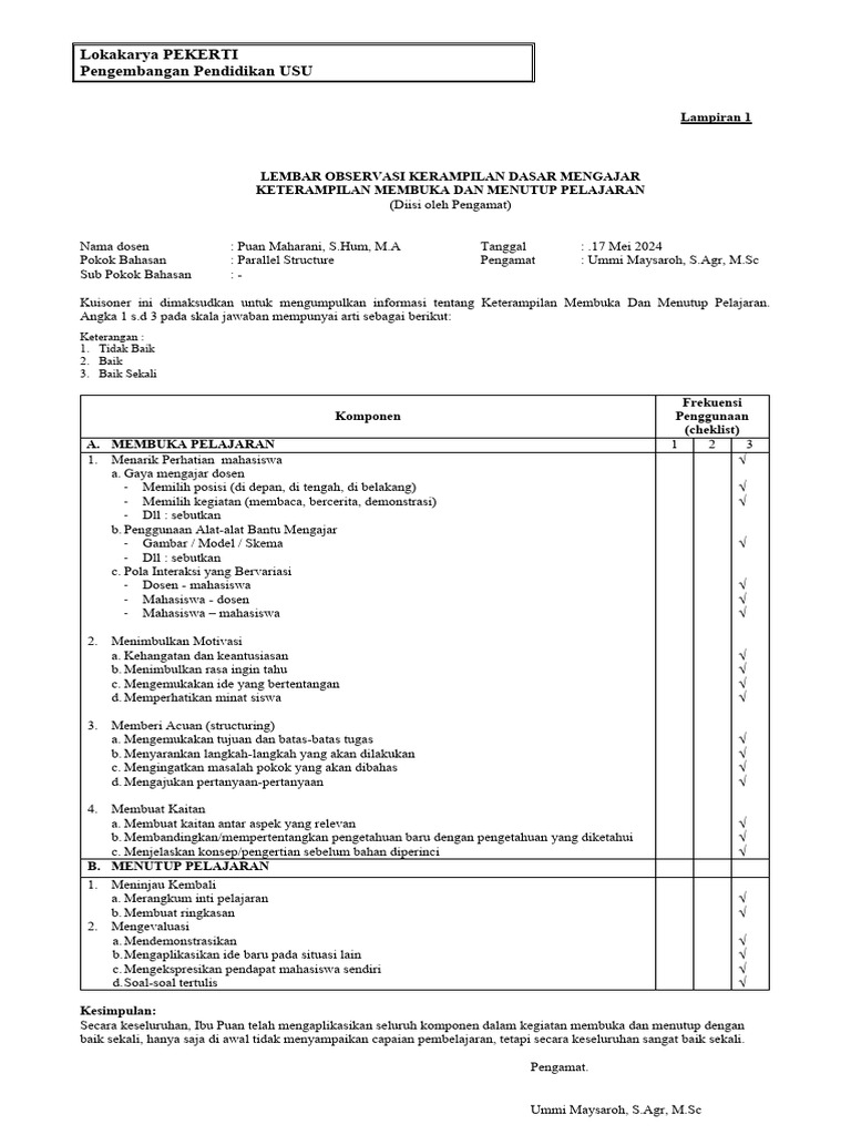 Lembar Observasi Dan Evaluasi Micro Teaching-Ummi Maysaroh | PDF ...