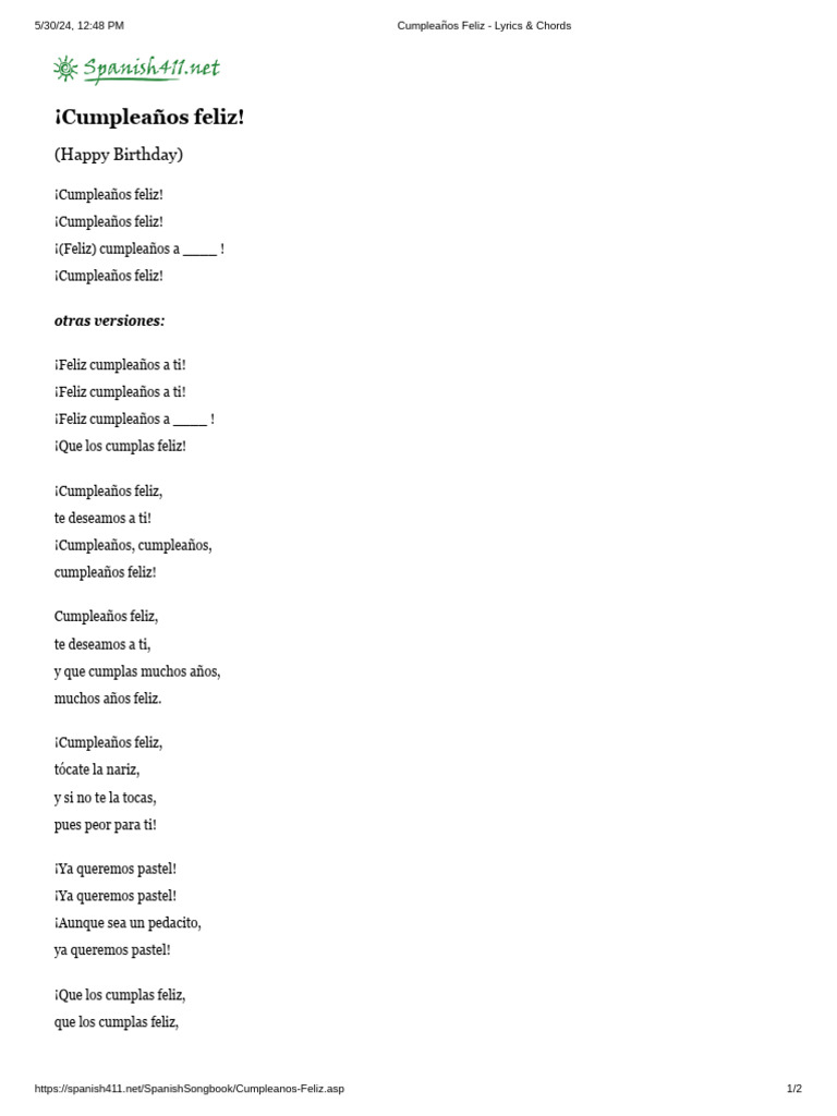 Cumpleaños Feliz - Lyrics & Chords | PDF