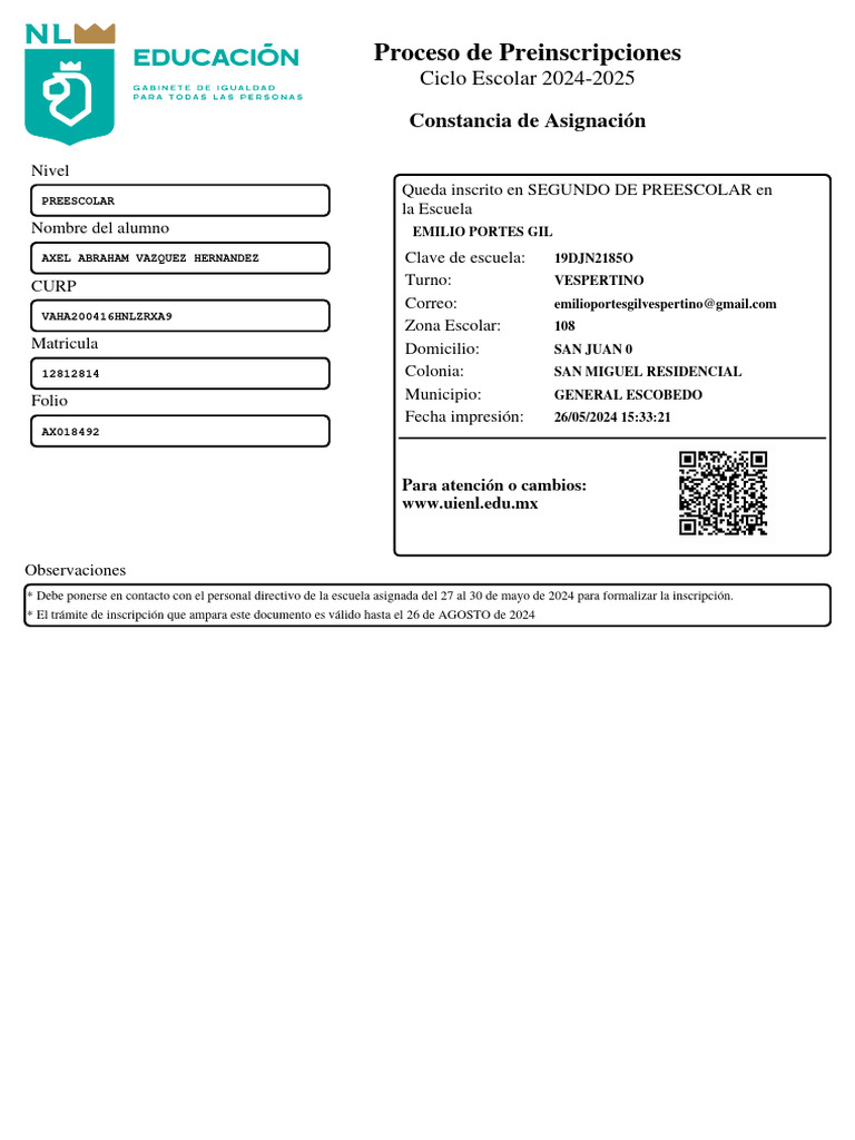 Preinscripción 2024: Axel en Preescolar | PDF