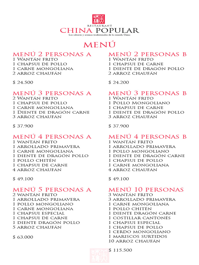 Menú del Restaurante China Popular | PDF | Mariscos | Sopa