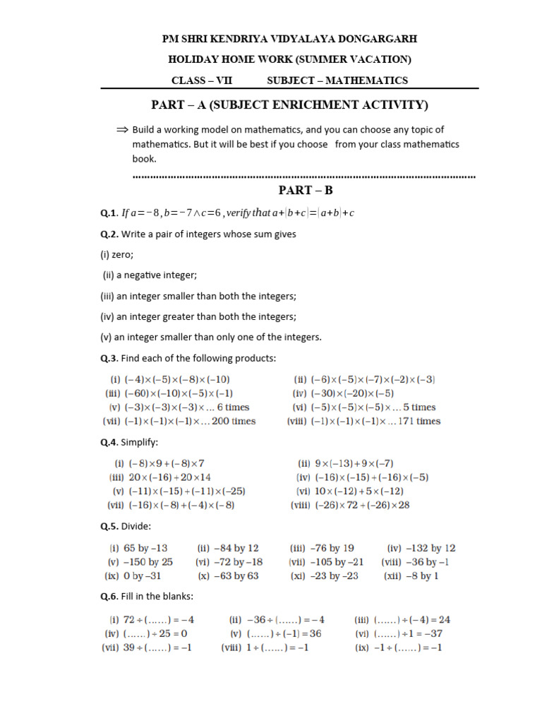 Class 7 Summer Holiday Homework | PDF