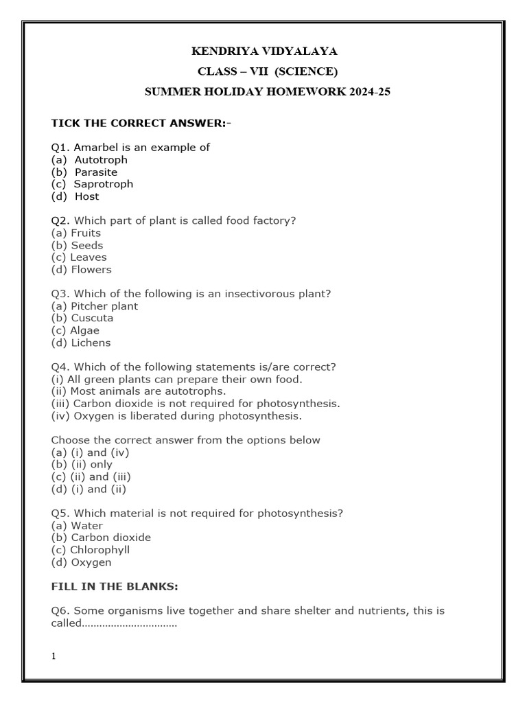 Class Vii (Science HHW) | PDF | Plants | Photosynthesis