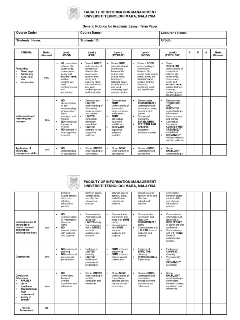 Academic Essay Rubrics Guide | PDF | Information | Concept