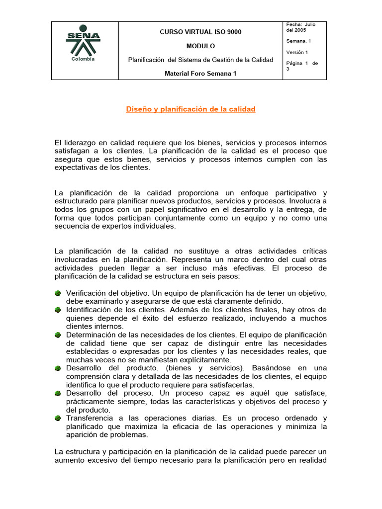 Material Foro 1 Diseno y Planificacion de La Calidad | PDF | Calidad (comercial) | Gestión de la ...