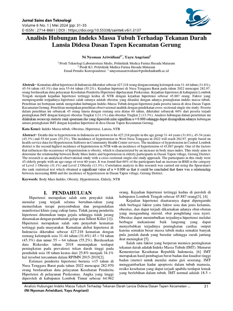 Hubungan IMT dan Hipertensi Lansia NTB | PDF | Sains & Matematika