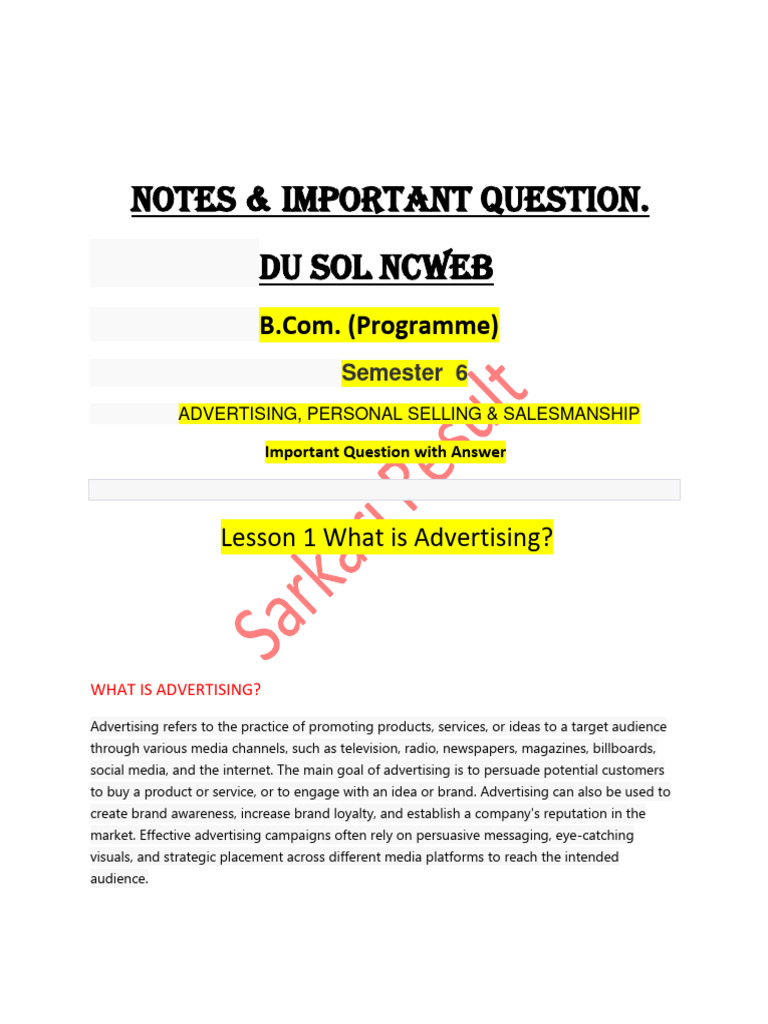 Advertising and Personal Selling Overview | PDF | Advertising | Marketing