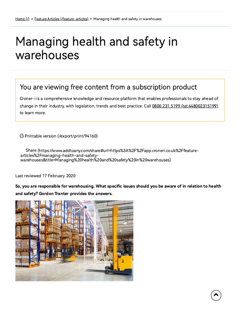 Managing Health and Safety in Warehouses - Croner-I | PDF | Warehouse ...
