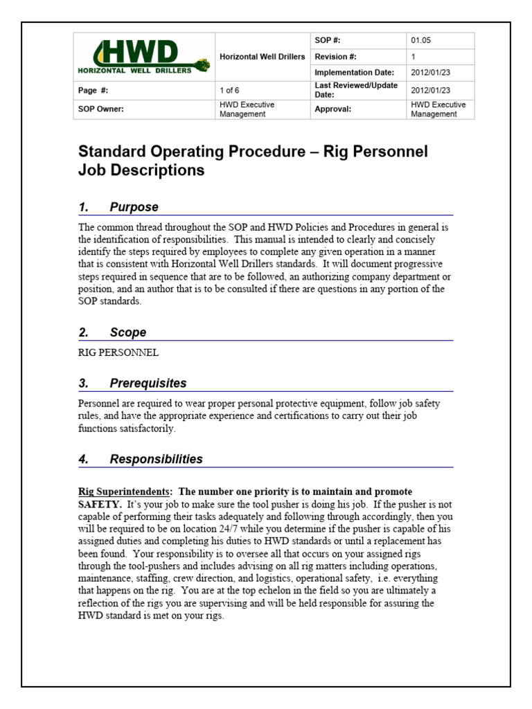 Rig Personnel Job Descriptions | PDF | Drilling Rig | Pump