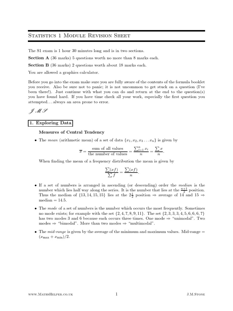 OCR MEI S1 Revision Notes | PDF | Mode (Statistics) | Statistical Theory