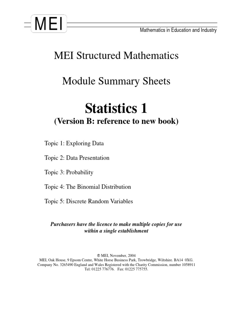 OCR MEI S1 Summary Sheets | Download Free PDF | Hypothesis | Probability Distribution