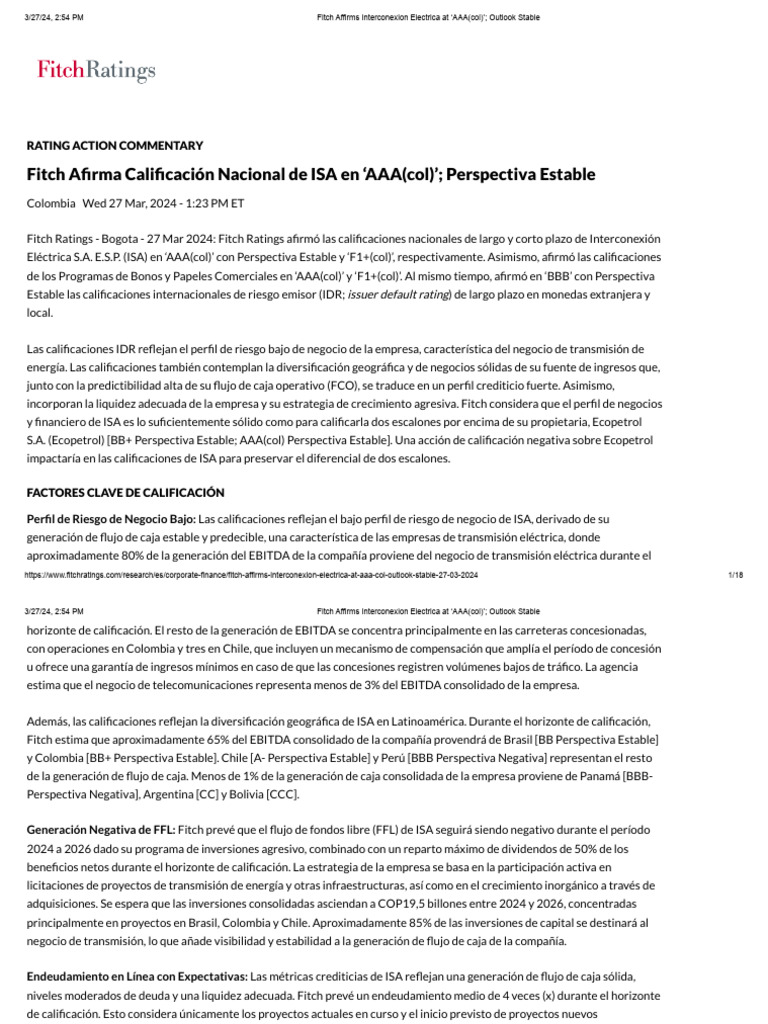 Fitch Confirma Calificación 'AAA(col)' de ISA | PDF | Business | Economias